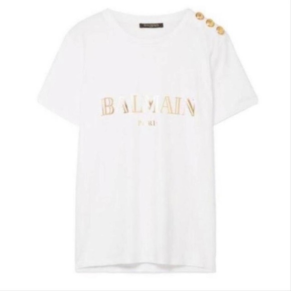 Balmain | Tops | Balmain Metallic Logo Printed Button Embellished Tee ...